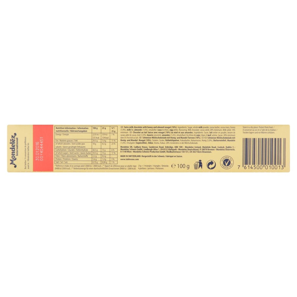 Toblerone Swiss Milk Chocolate With Honey and Almond Nougat 3.52 Oz (1 ...